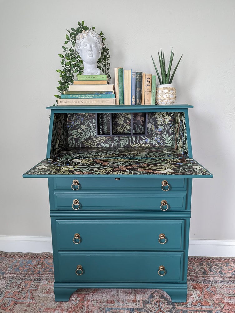 Stunning Secretary Desk Makeover with Bold Paint and Wallpaper