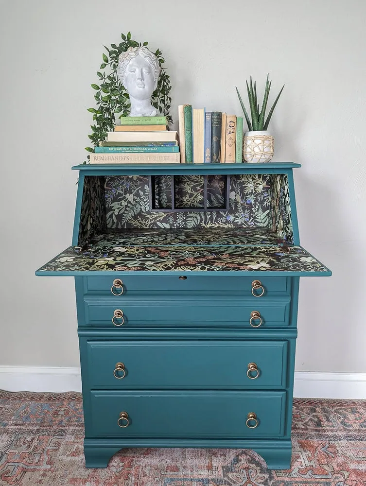 Stunning Secretary Desk Makeover with Bold Paint and Wallpaper